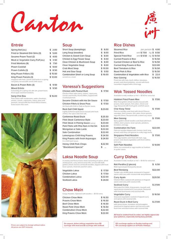 Menu at Canton Chinese Restaurant, Queanbeyan