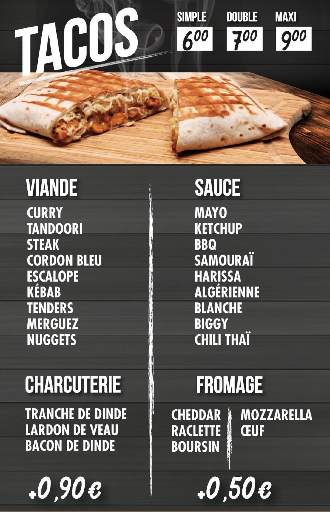 Menu au Snack Time restaurant, Arras