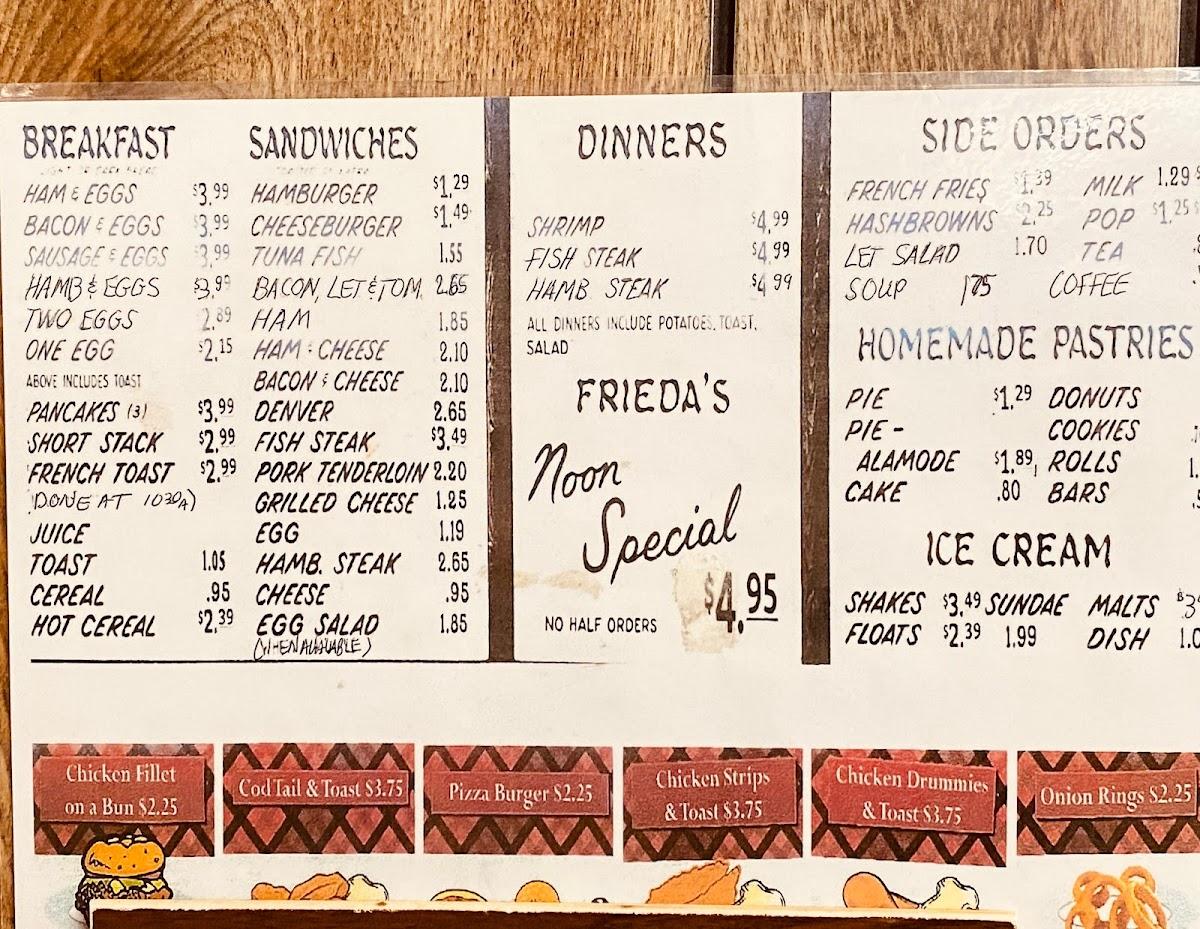 Menu at Frieda's Cafe, Willmar