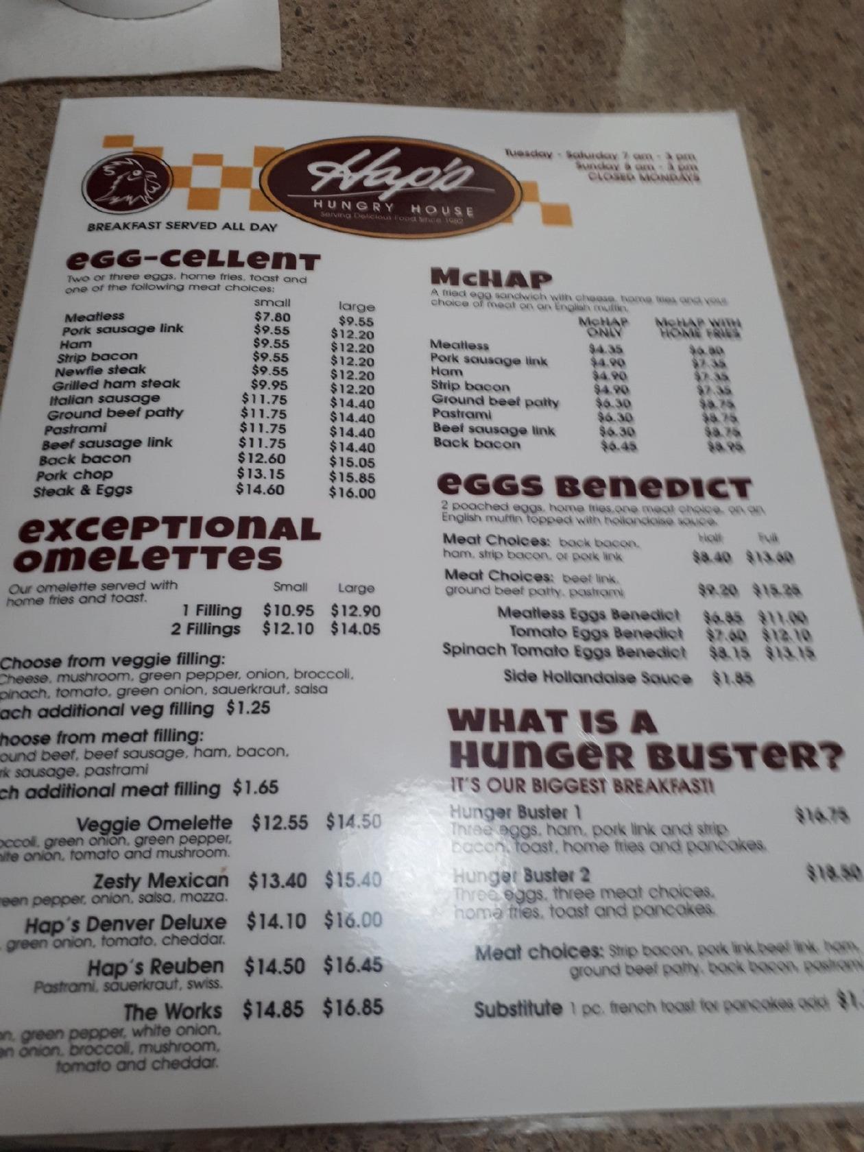Menu at Hap's Hungry House restaurant, Edmonton