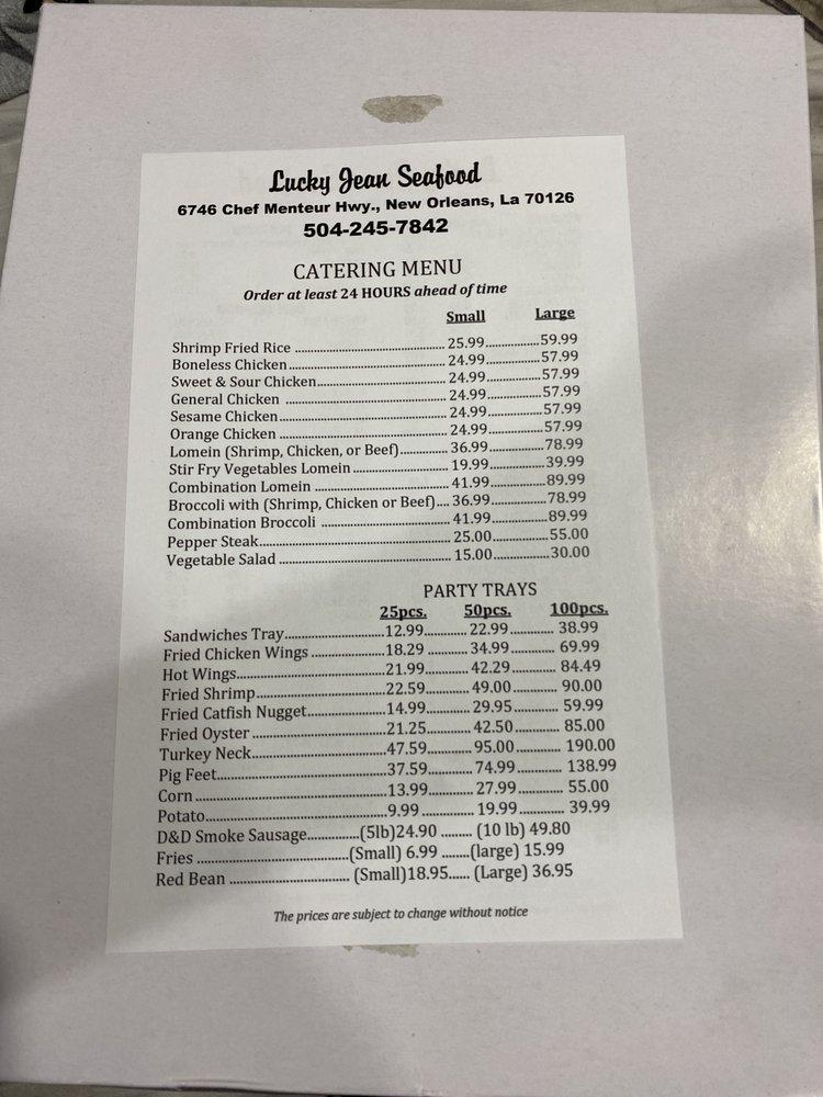 Menu at Lucky Jean Seafood restaurant, New Orleans, Chef Menteur Hwy