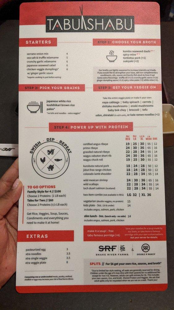 Menu at Tabu Shabu Bressi Ranch restaurant, Carlsbad