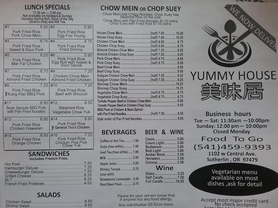 Menu at Yummy House restaurant, Sutherlin