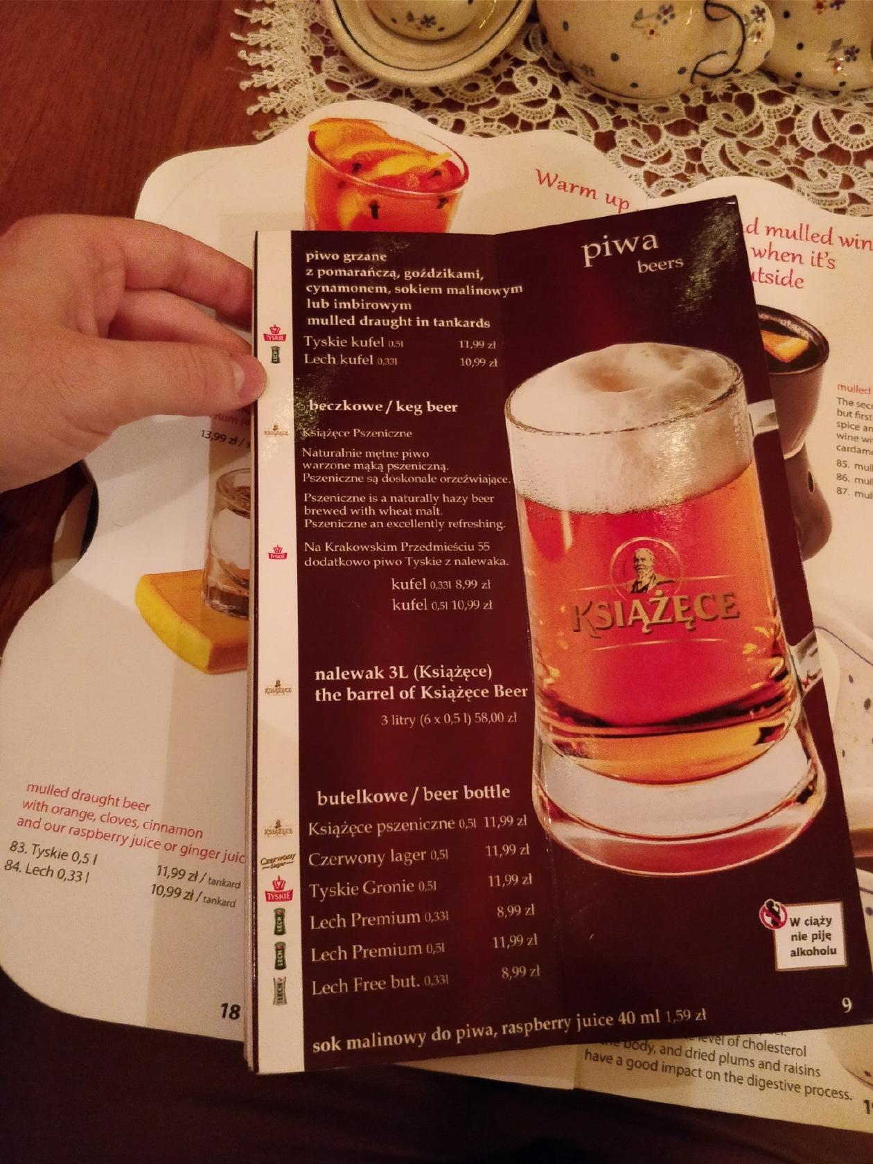 Menu at Zapiecek restaurant, Warsaw, Nowy Świat 64