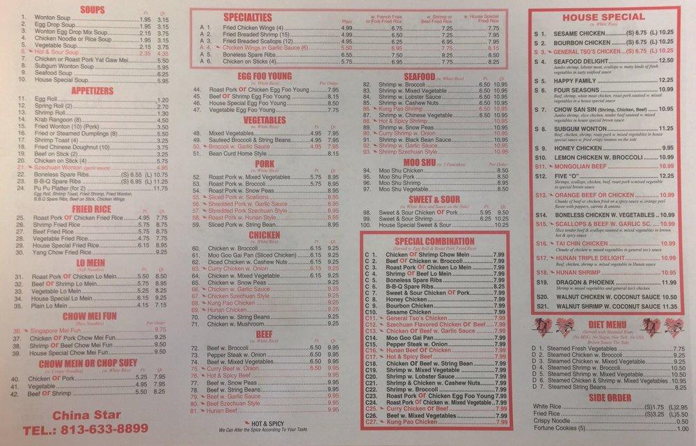 Menu at China Star restaurant, Sun City Center, Sun City Center Blvd