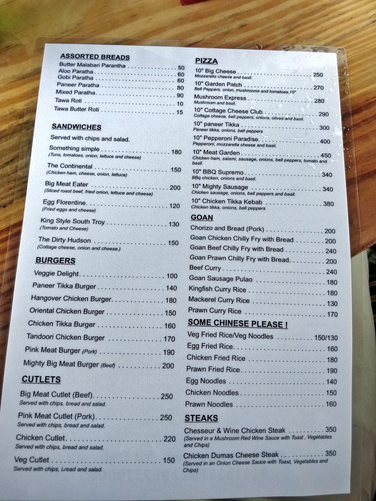 Menu at Goan Calypso, Arpora