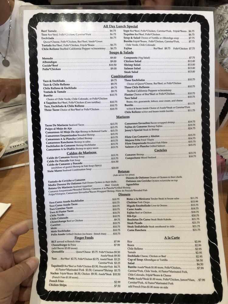 Menu at Jenny's Grill Steak & Mariscos restaurant, Barstow