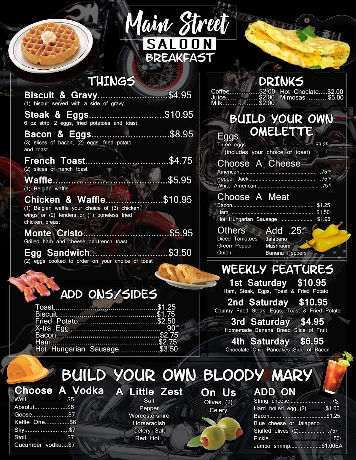 Menu at Main Street Saloon pub & bar, Akron