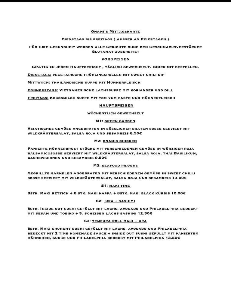 Speisekarte von ONAMI Sushi Modern Kitchen restaurant, Frankenthal (Pfalz)