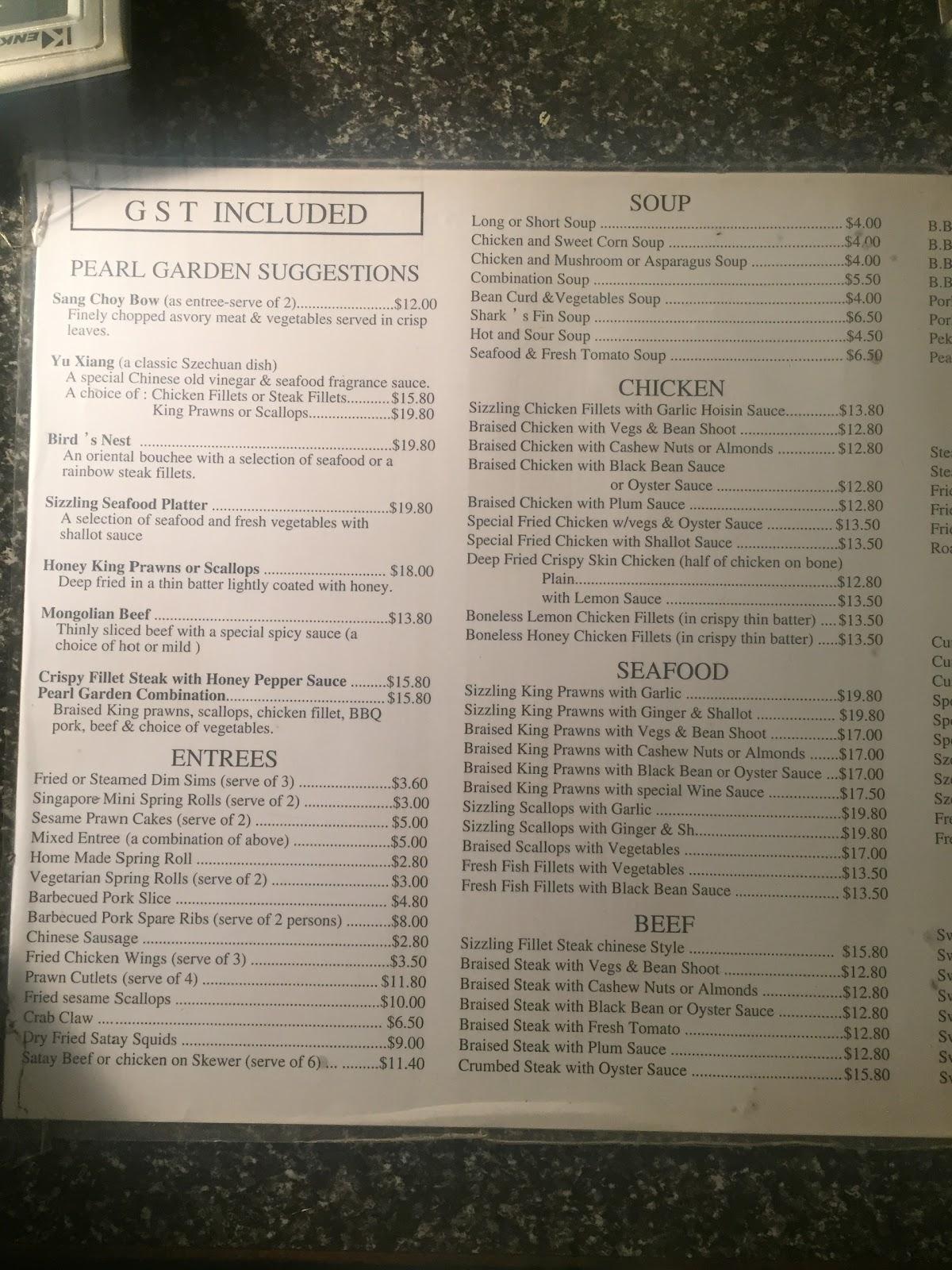 Menu at Pearl Garden Restaurant, Upwey