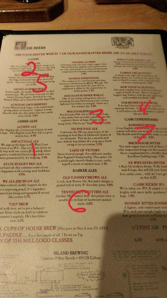 Carta del pub y bar Run of the Mill, Saco