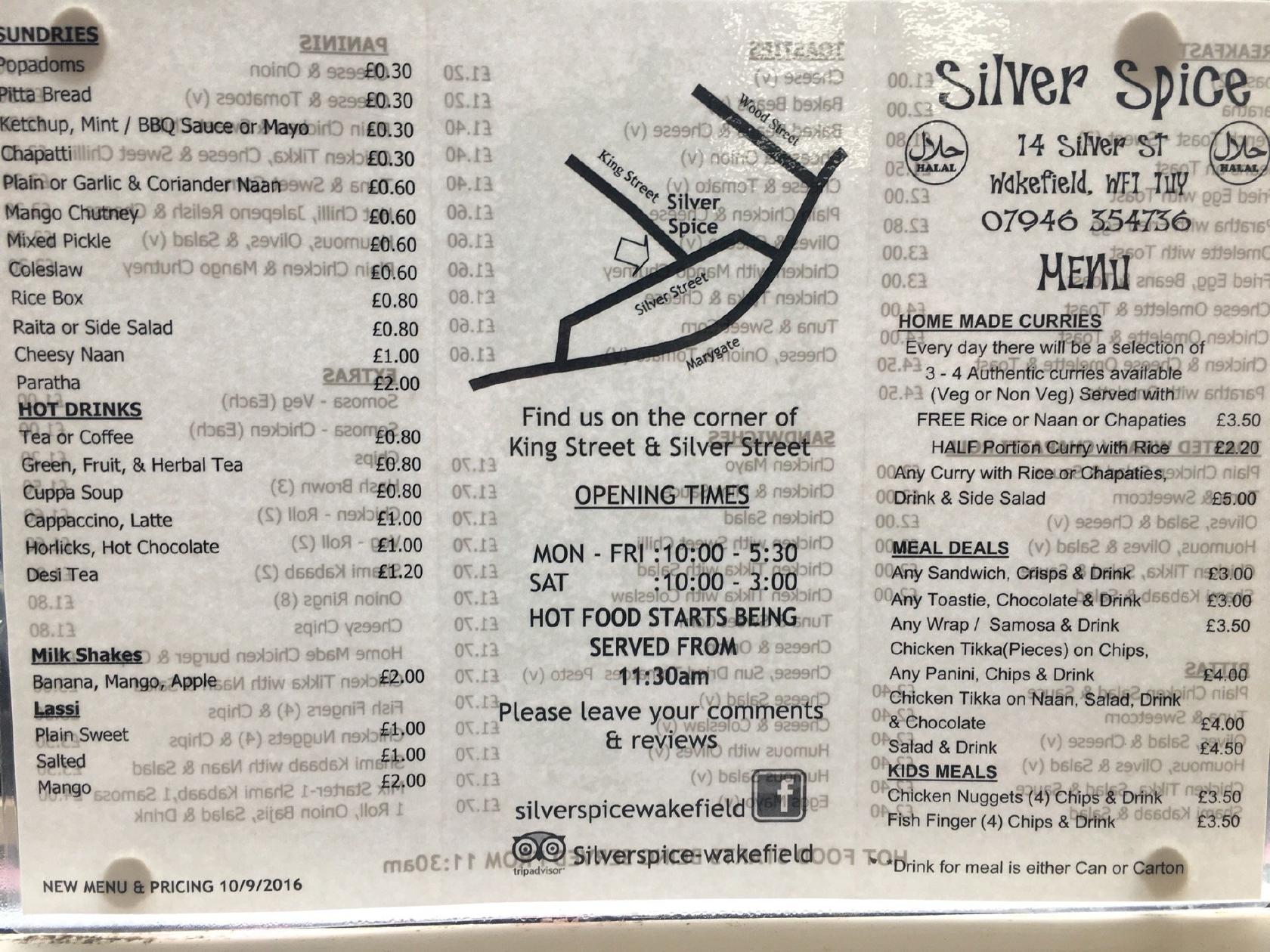 Menu at Silver Spice restaurant, Wakefield