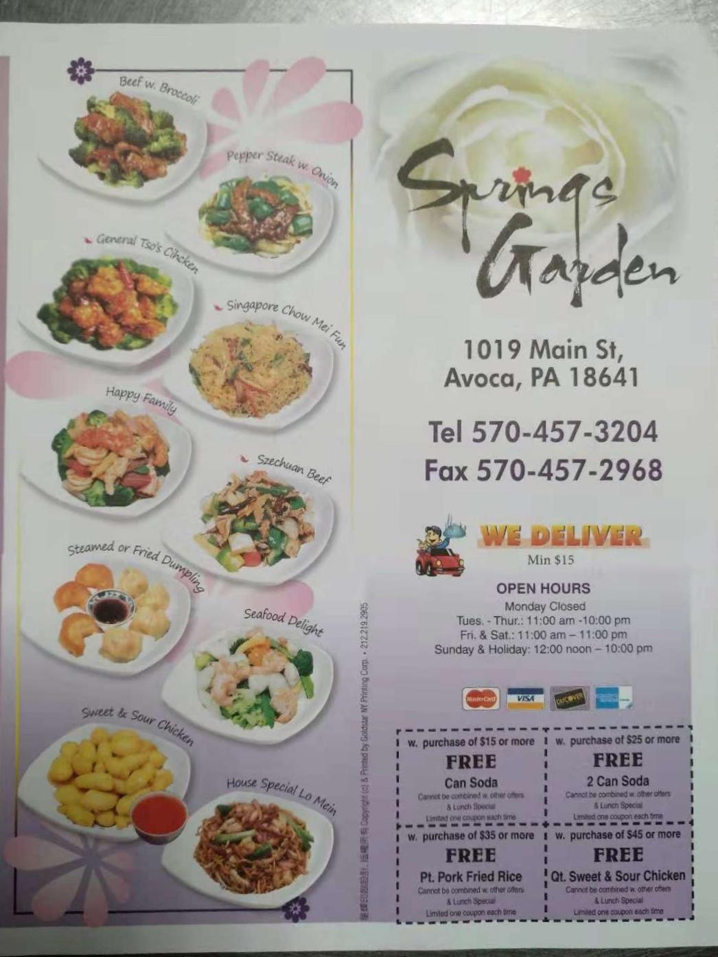 Menu at Springs Garden restaurant, Avoca