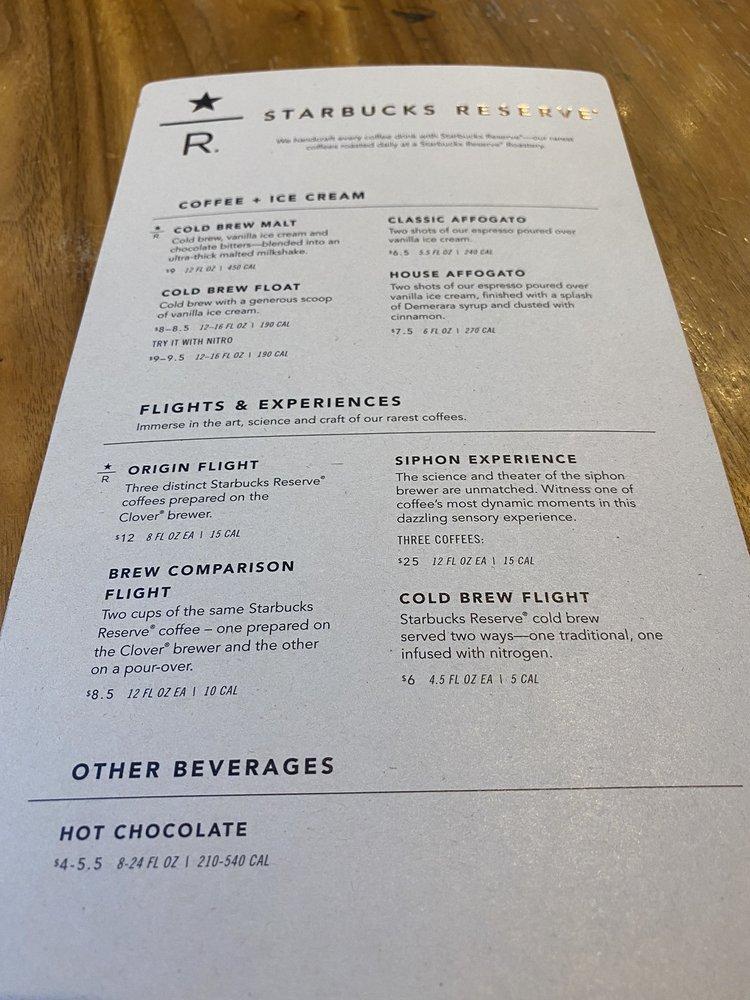 Menu at Starbucks Reserve restaurant, Redwood City