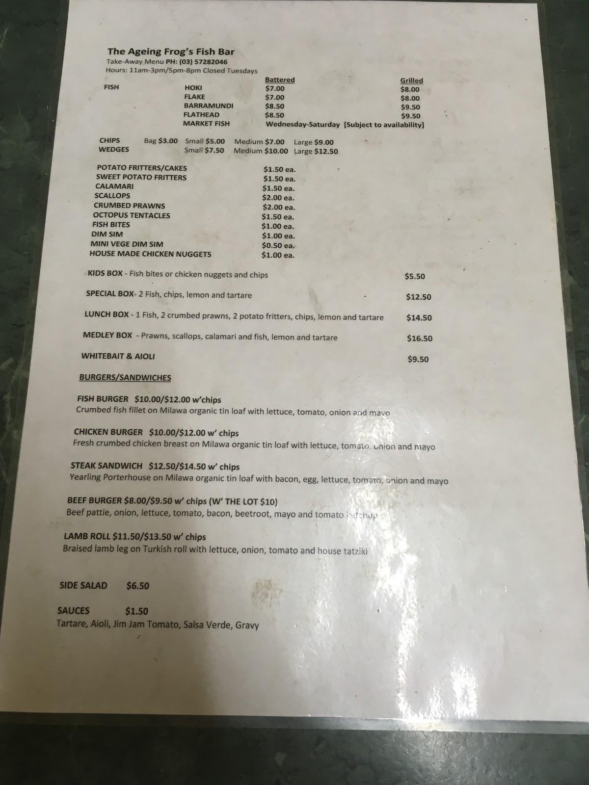 Menu at The Ageing Frog Fish Bar, Beechworth