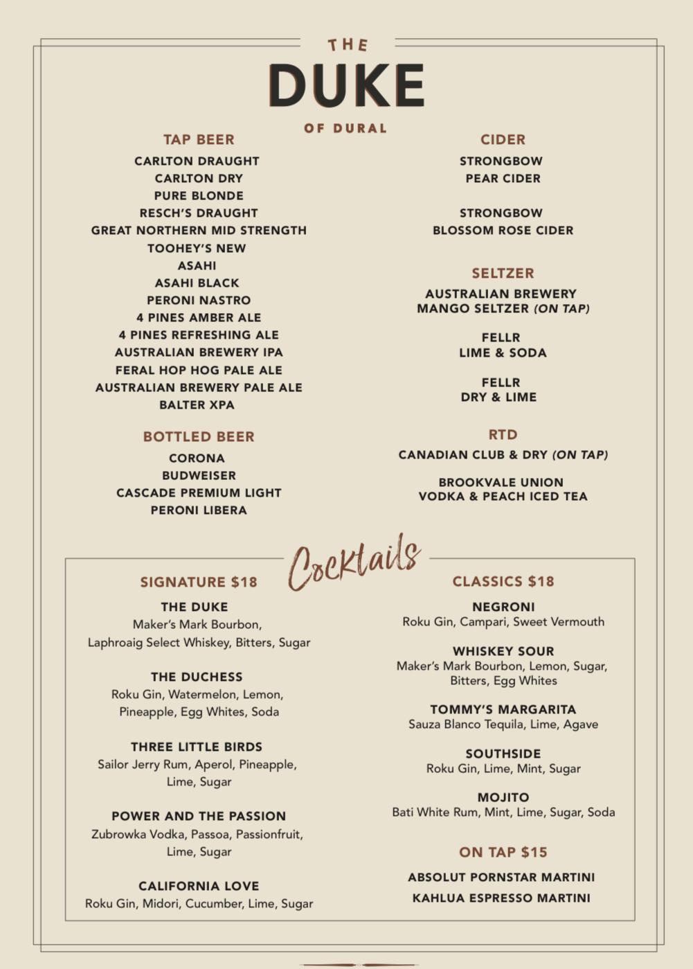 Menu at The Duke of Dural pub & bar, Dural