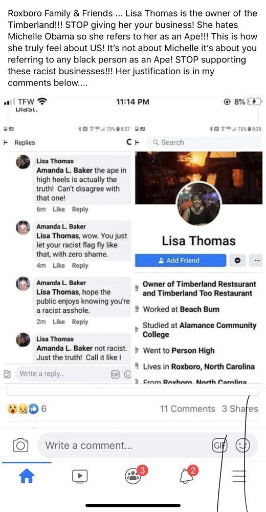 Carta de Timberland Restaurant, Roxboro