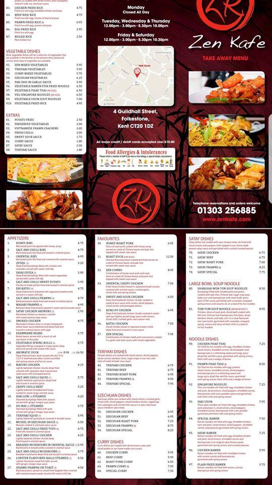 Menu at Zen Kafe restaurant, Folkestone