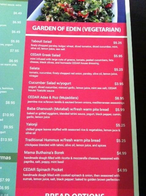Menu at Cedar Cafe, Towson