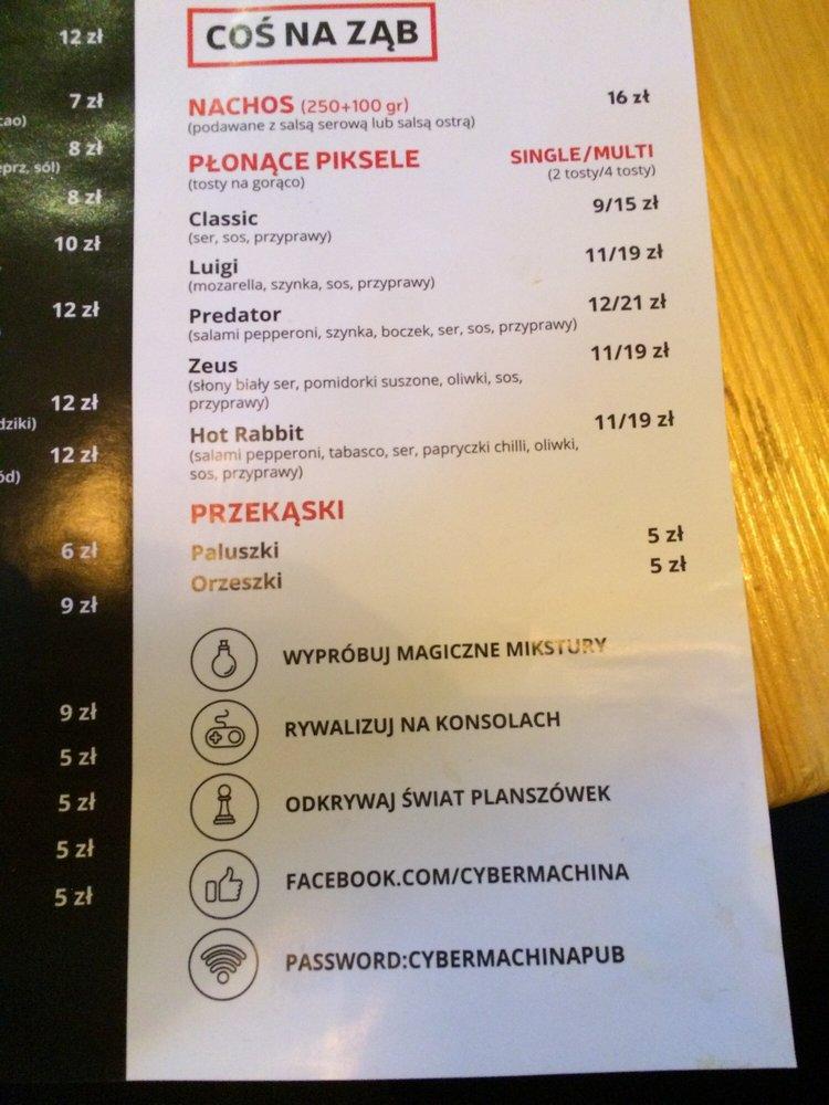 Menu at Cybermachina pub & bar, Katowice