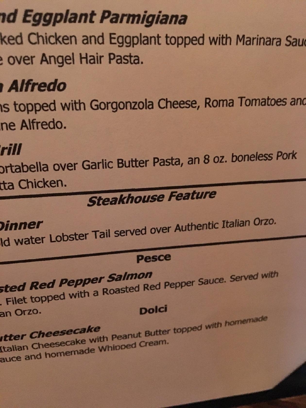 Menu at Delmonico's Italian Steakhouse, Orlando