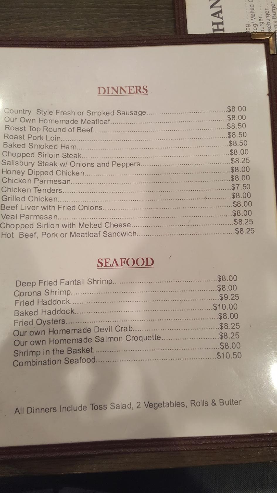 Menu at Hannah's restaurant, Trevorton