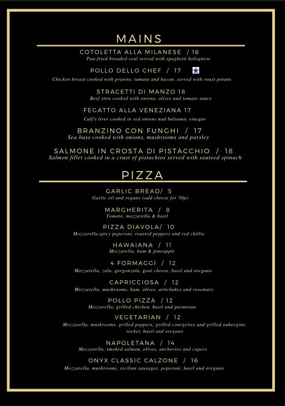 Menu at ONYX Restaurant & Bar, Hornchurch