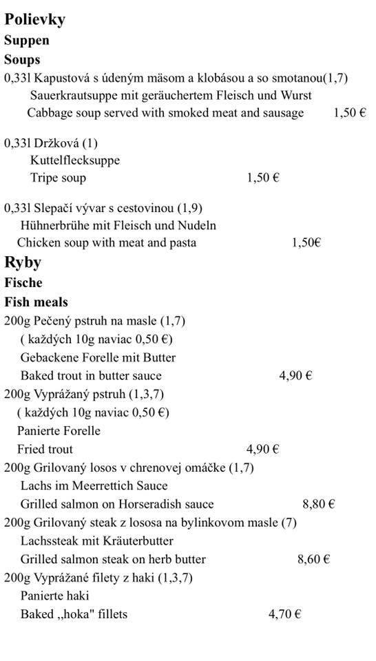 Speisekarte von Restauracia Jana Schwarzova restaurant, Častá