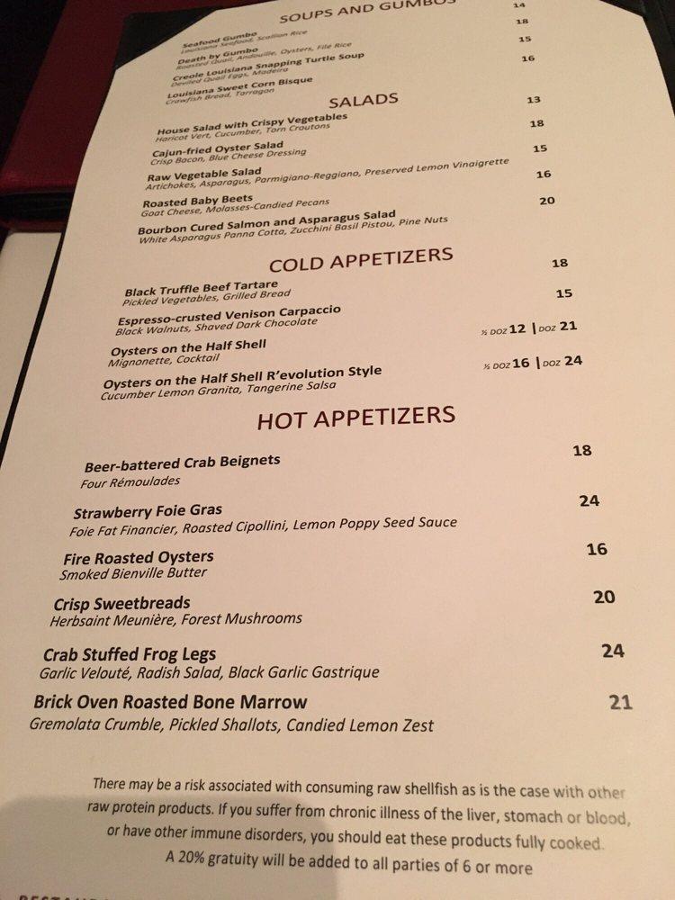Menu at Restaurant R'evolution, New Orleans