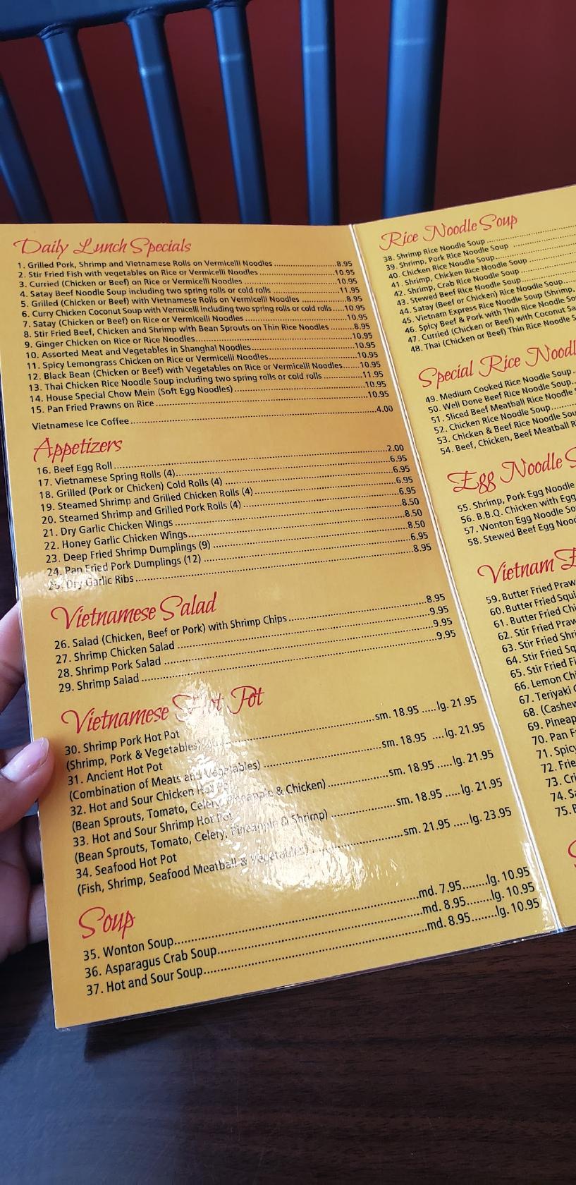 Menu at Vietnam Express restaurant, Saskatoon