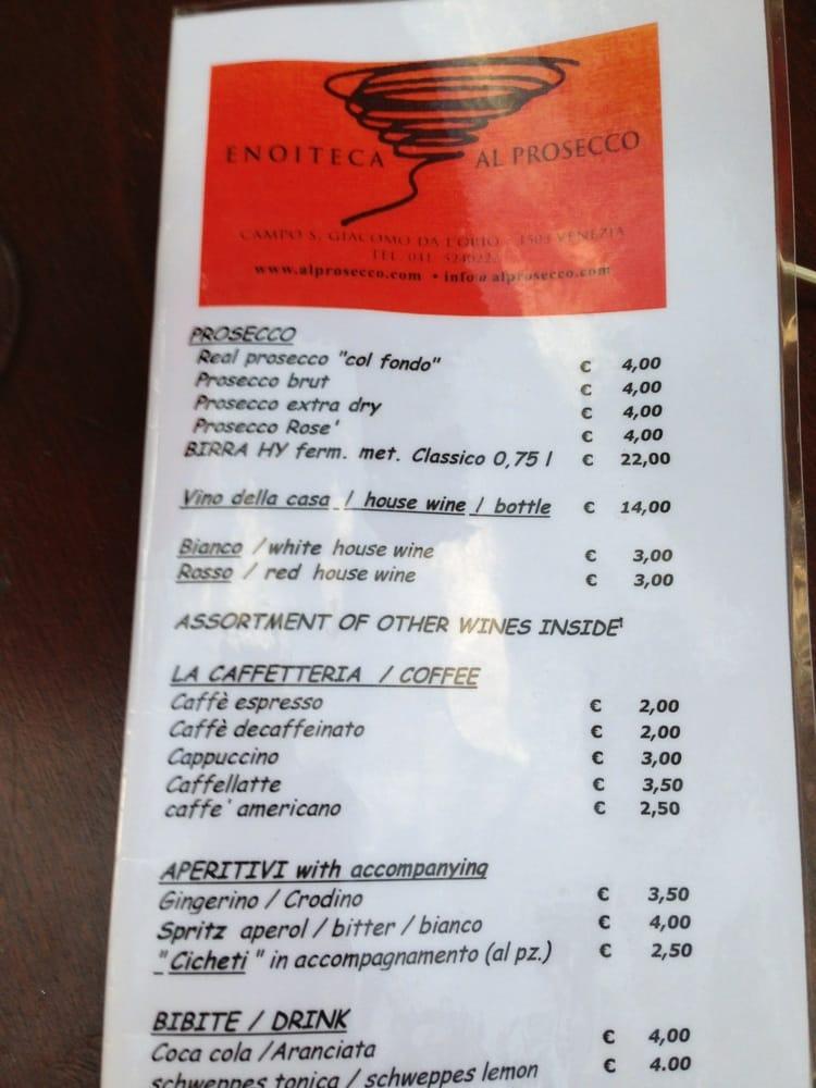 Menu at Al Prosecco pub & bar, Venice