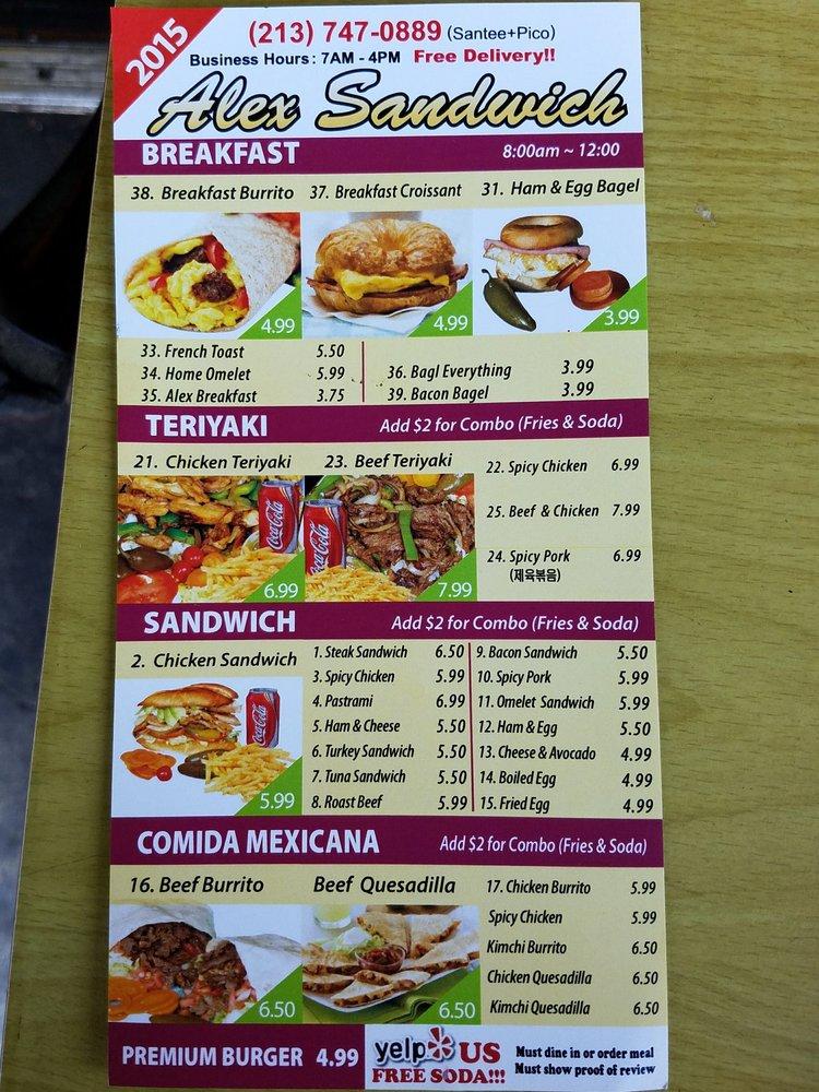 Menu at Alex's Sandwich Shop restaurant, Los Angeles, Santee St
