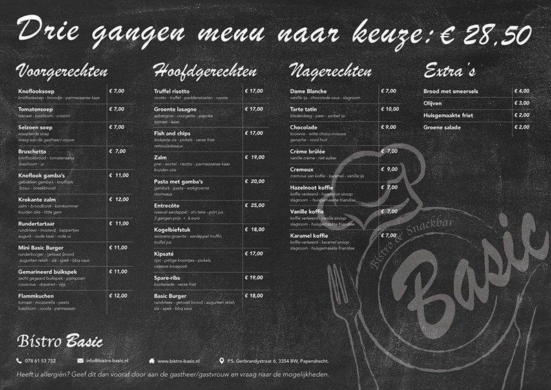 Menu at Bistro Basic, Papendrecht