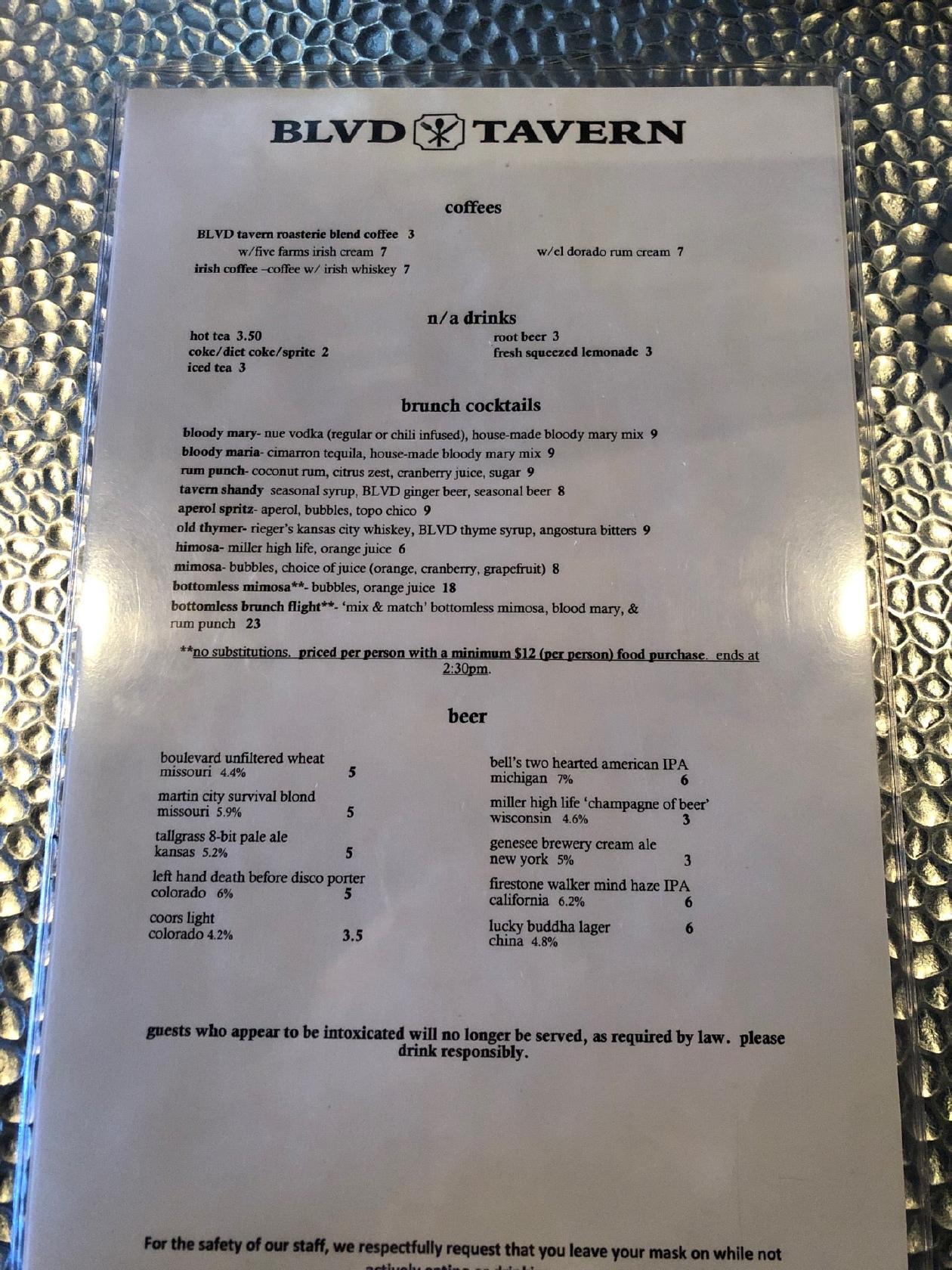 Menu at Blvd Tavern restaurant, Kansas City