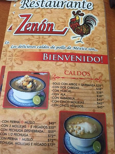 Menu at Caldos Zenón restaurant, Mexico City