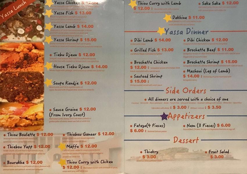 Menu at Gorée Cuisine restaurant, Chicago