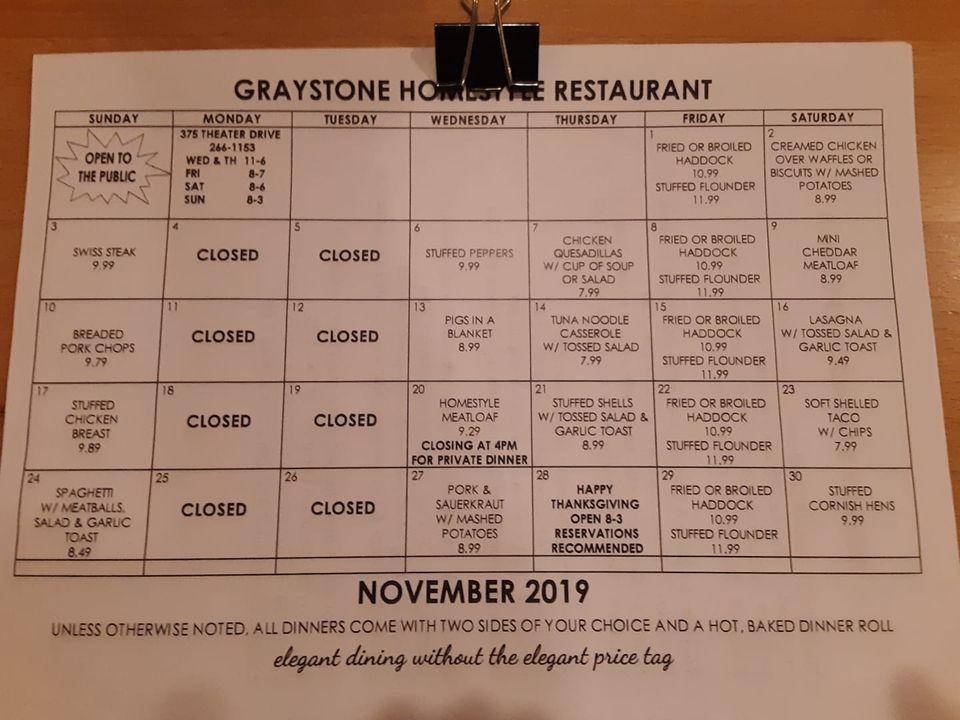 Menu at Graystone Homestyle Restaurant, Johnstown