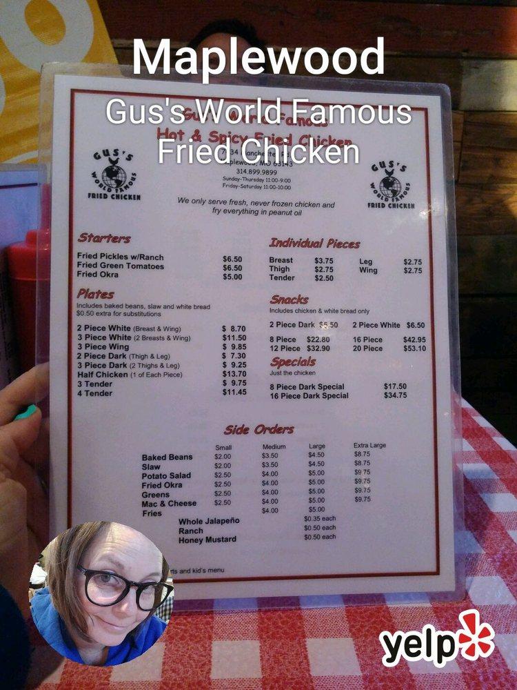 Menu at Gus’s World Famous Fried Chicken restaurant, Maplewood