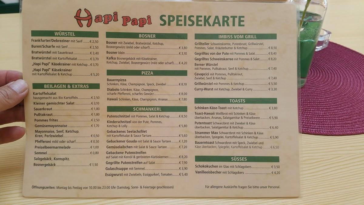 Speisekarte von Hapi Papi - Würstelstand - Herbert Mugrauer GmbH pub ...