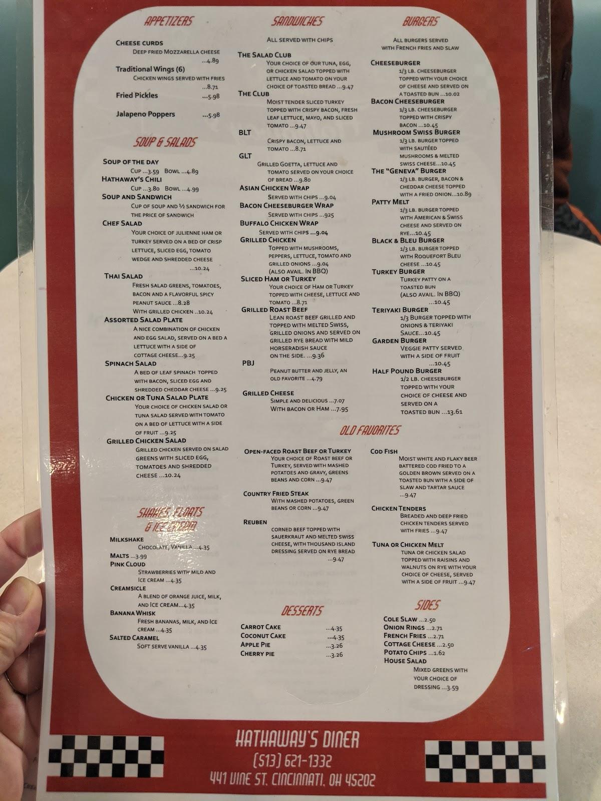 Menu at Hathaway's Diner restaurant, Cincinnati