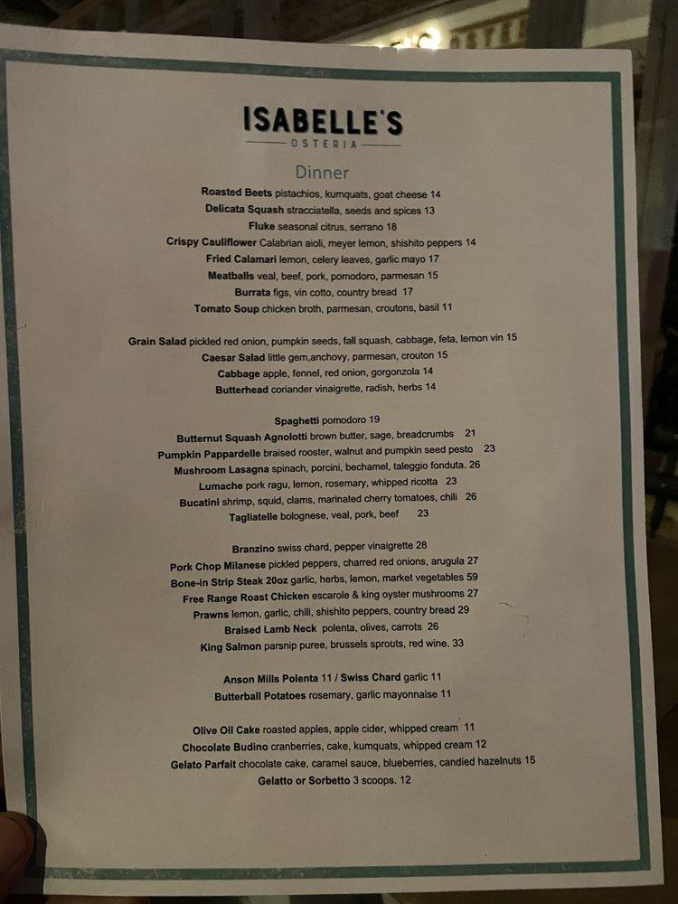 Menu at Isabelle's Osteria restaurant, New York City