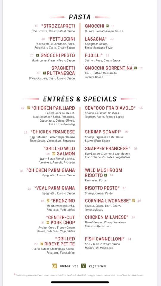 Menu at Osteria restaurant, Greensboro
