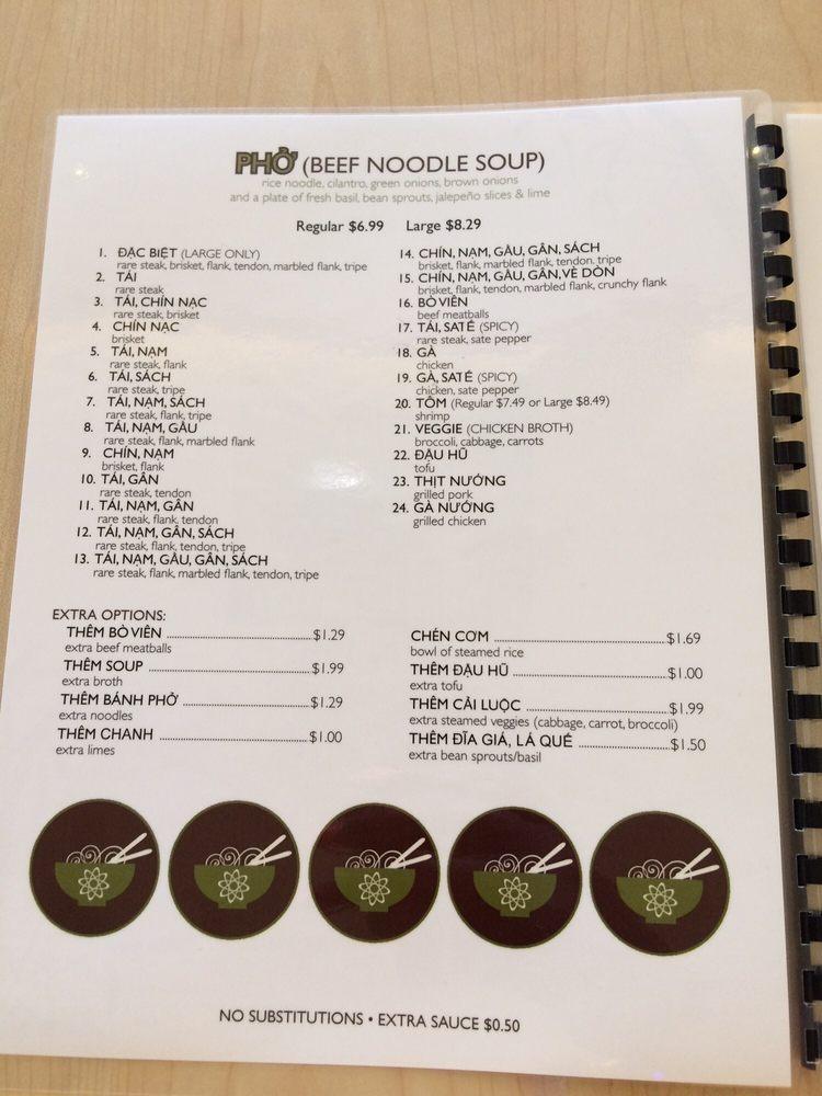 Menu at Pho Fusion restaurant, San Diego, Clairemont Mesa Blvd