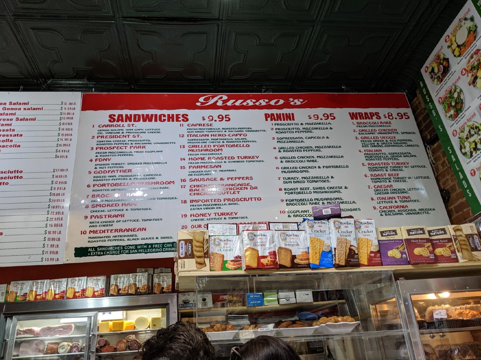 Menu at Russo's Mozzarella & Pasta fast food, New York City, 363 7th Ave
