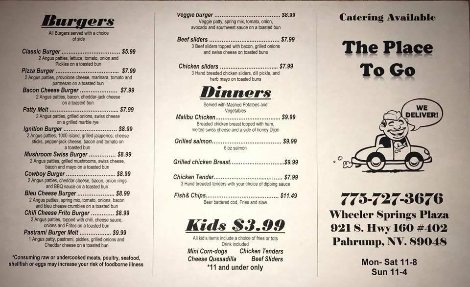 Menu at The Place To Go restaurant, Pahrump