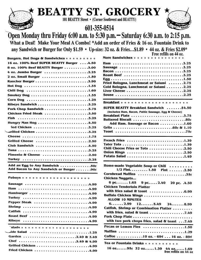 Menu at Beatty Street Grocery fast food, Jackson