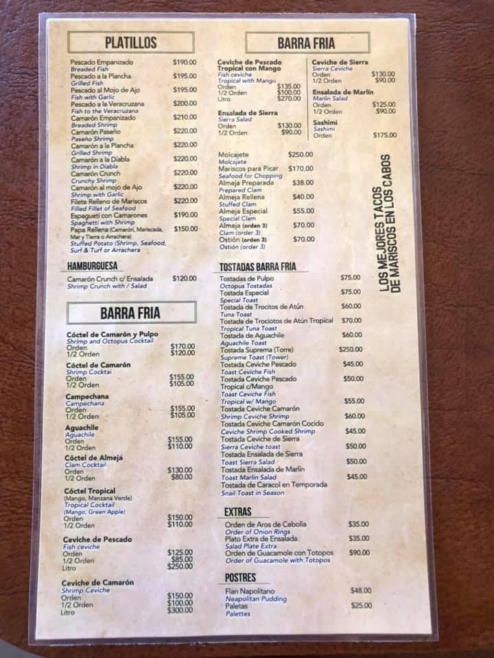 Menu at Claro Fish jr restaurant, La Paz