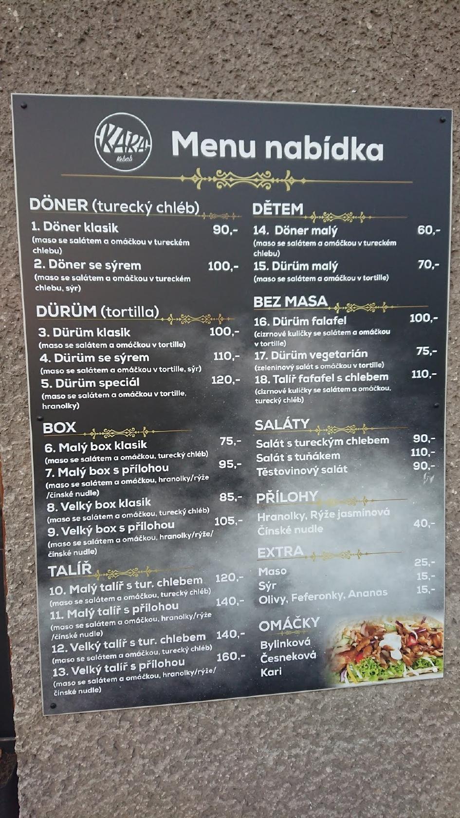 Menu at Kara kebab restaurant, Bystřice