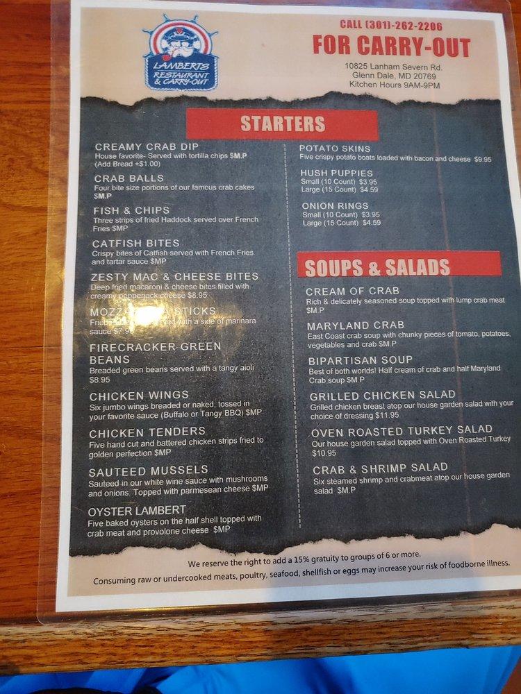 Menu at Lambert Seafood pub & bar, Glenn Dale