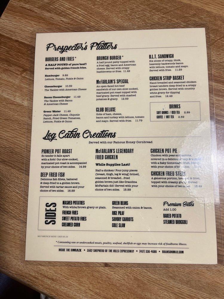 Menu at McFarlain's Family Restaurant, Branson